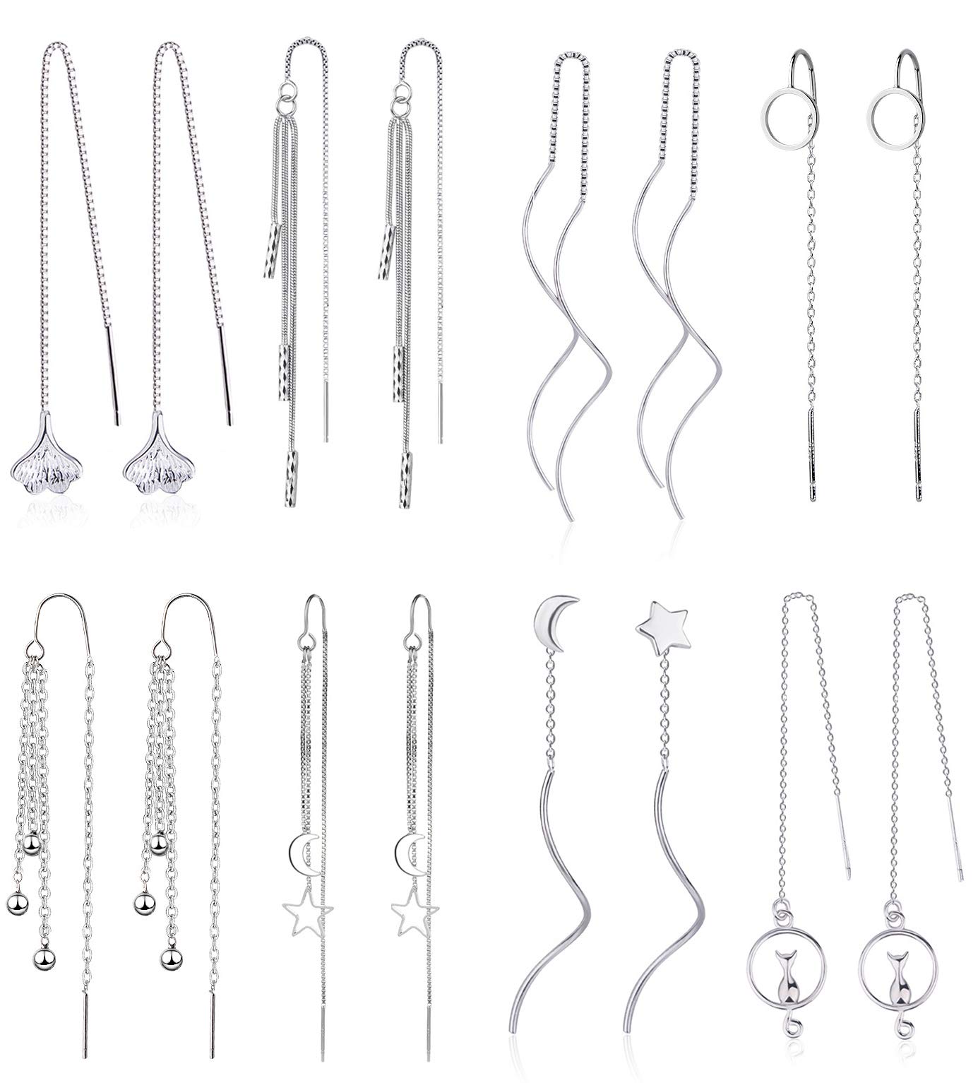 CASDAN 8 Pairs Silver Plated Long Chain Tassel Earrings for Women Lightweight Ball Drop Dangle Moon Star Tassel Threader Earrings