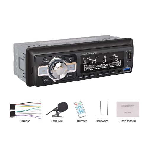 HLLECARMO 1Din Wireless Music Streaming Car Stereo Bluetooth Hands-Free Calling with Microphone, Character LCD, AM/FM 30 Stations Radio Receiver, 2USB Quick Charging, EQ, AUX-in, Remote, No cd/DVD