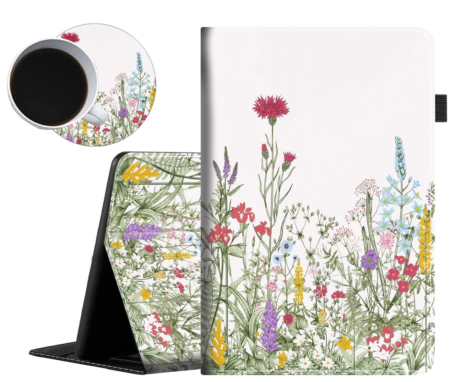 Case for All-New Fire HD 10 & Fire HD 10 Plus Tablet (10.1", 11th Generation, 2021 Release), Slim Folio Stand Soft Cover with Smart Auto Wake/Sleep, Colorful Floral Green Leaf + Coasters