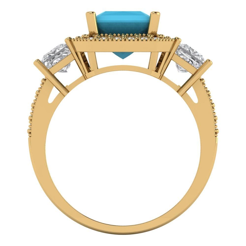Clara Pucci 2.93 ct Cushion Cut Halo 3 stone Genuine Simulated Turquoise Engagement Promise Anniversary Bridal Ring 18K Yellow Gold 5.25
