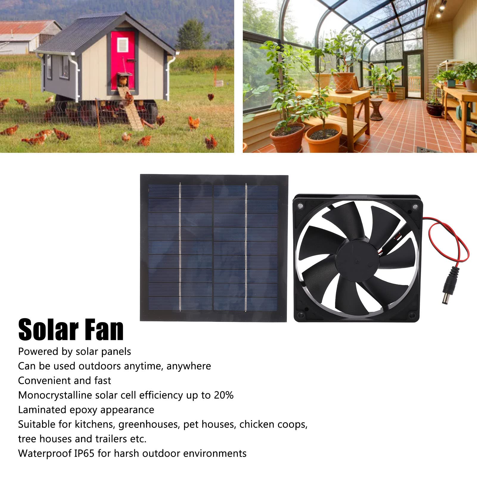 Exhaust Fan, Solar Panel Fan Kit 20W Portable Waterproof IP65 20 Conversion Rate Mini Exhaust Fan for Pet House Greenhouse