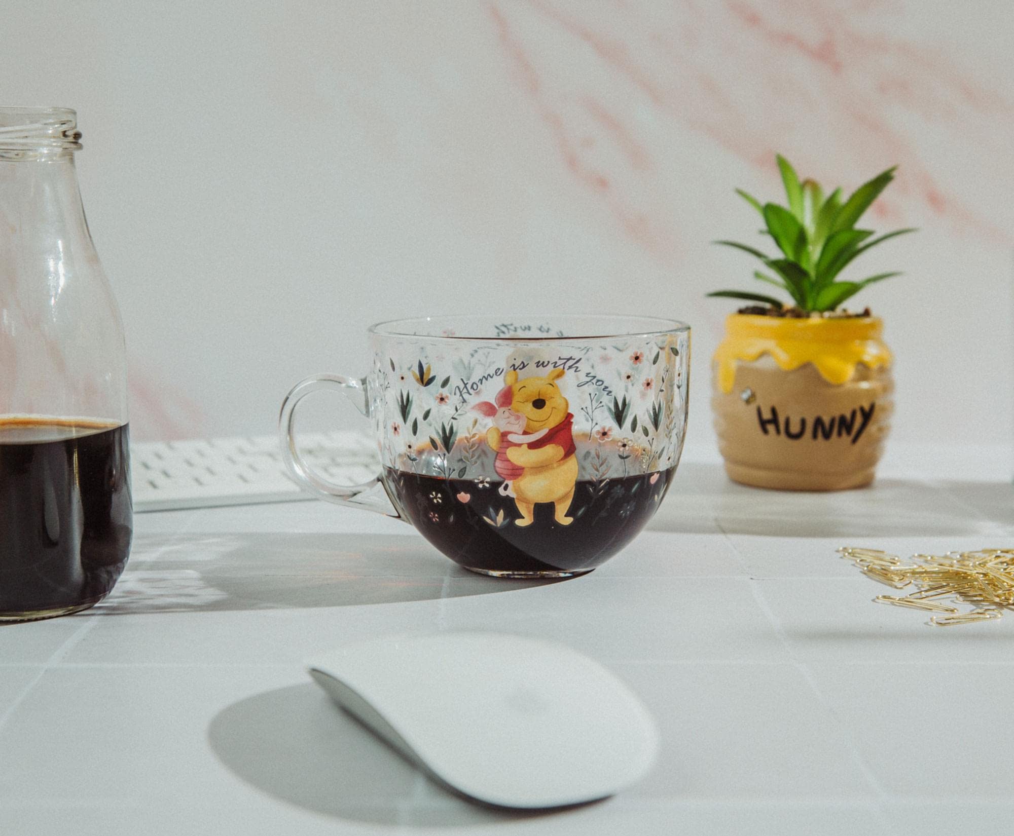 Disney Winnie the Pooh and Piglet Floral Glass Mug | Large Coffee Cup For Espresso, Tea, Mocha | Holds 16 Ounces