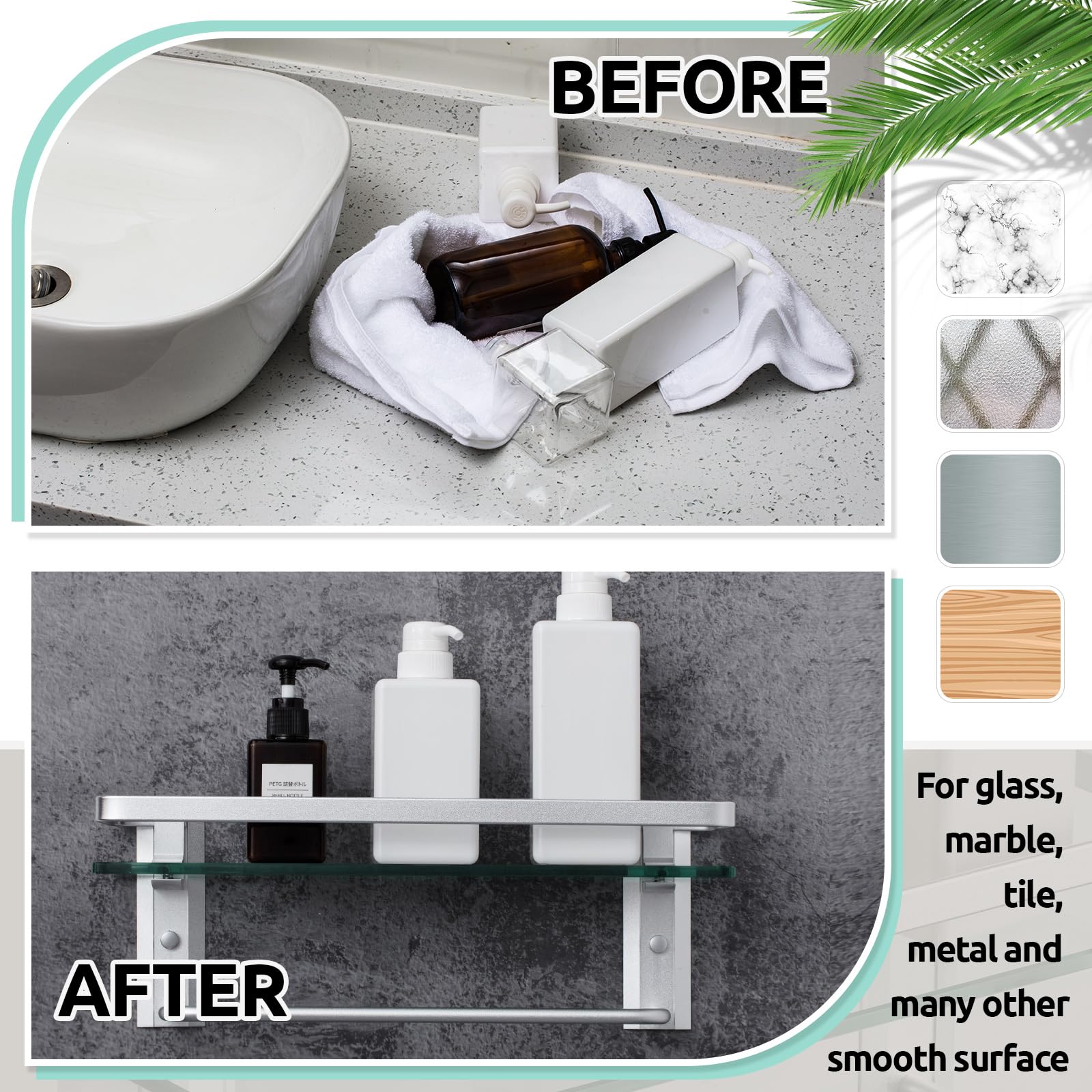 Geetery 2 Sets Glass Bathroom Shelf with Towel Bar 15.75 x 4.5 Inches Wall Mounted Aluminum Tempered Glass Shelf Rustproof Shelves Bathroom Hand Towel Holder with Shelf Shower Rack Bathroom Hardware