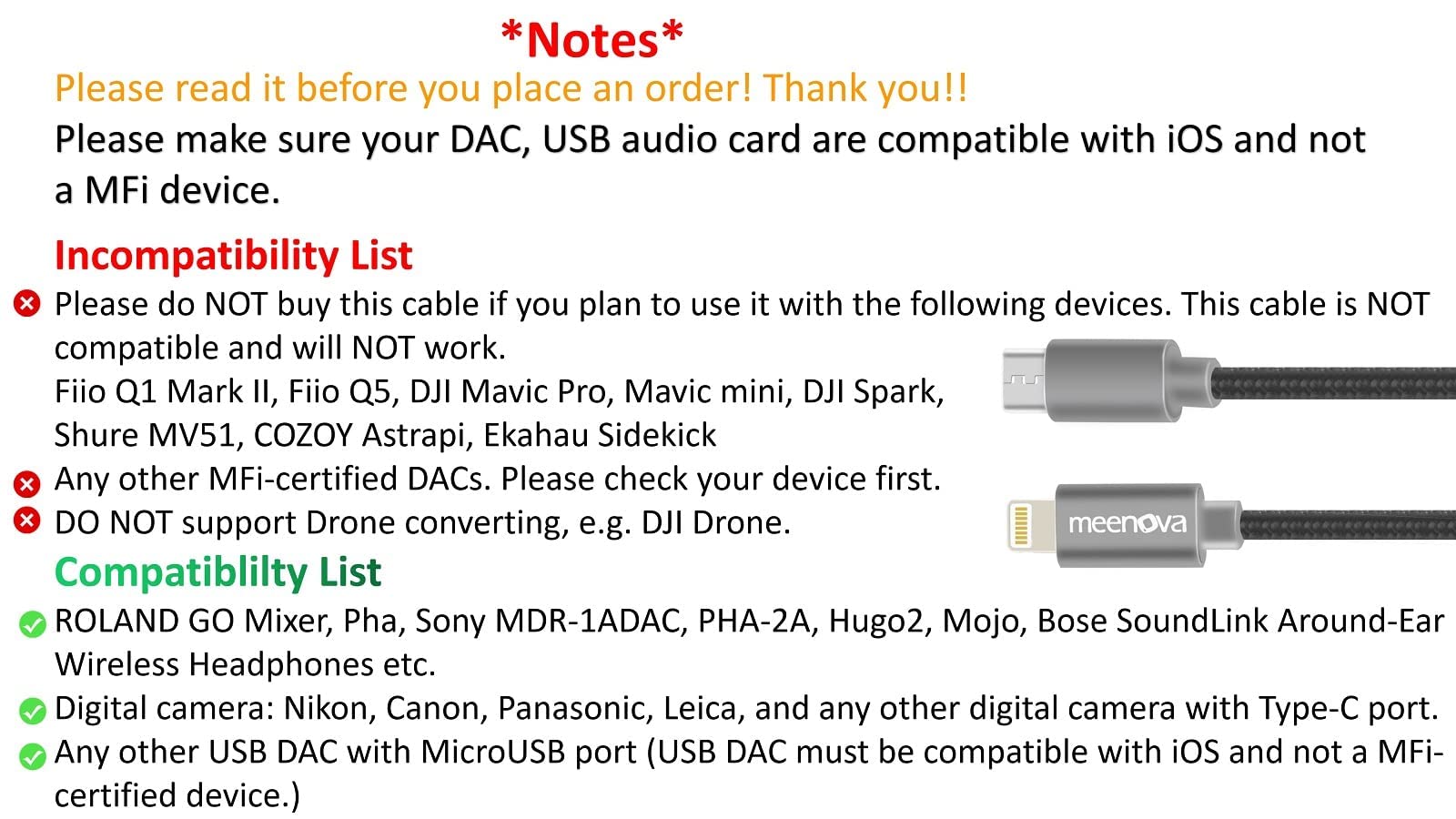 Meenova 8 pin-to-MicroUSB DAC OTG Cable for iPhone/iPad/iPod Chord Mojo Hugo2 Pha3 Fiio HiFi Oppo HA2 K5, Sony MDR-1ADAC, Roland GO Mixer, iRig HD2, Nikon Digital Camera,Transfer Photos, 15cm 0.5ft
