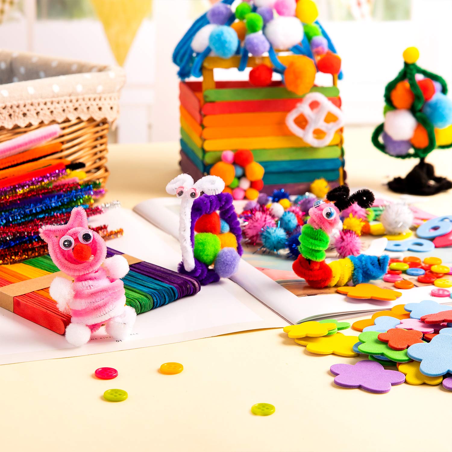 Whaline 1050 PCS Art Craft Kit Supplies 17 Styles Pipe Cleaners Pompoms Wiggle Googly Eyes Foam Flowers Letters Construction Papers Safety Scissors Sticks Heart Stickers Feather Felt Cloth Button