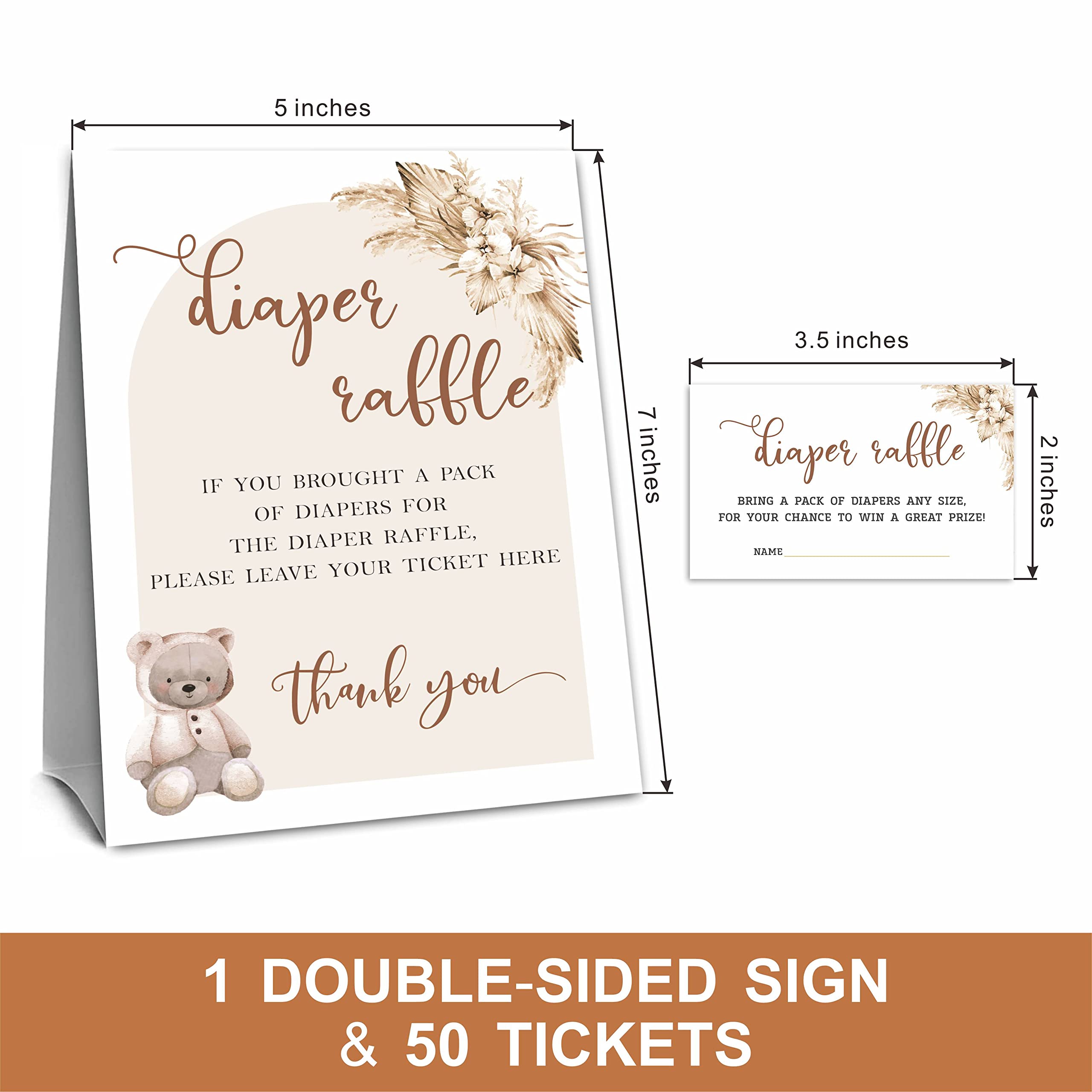 DYIRBIIY Bear Diaper Raffle Shower Game Cards - Boho Pampas Grass -1 Self-Standing Diaper Raffle Sign and 50 Diaper Raffle Tickets -(LBLK-004)