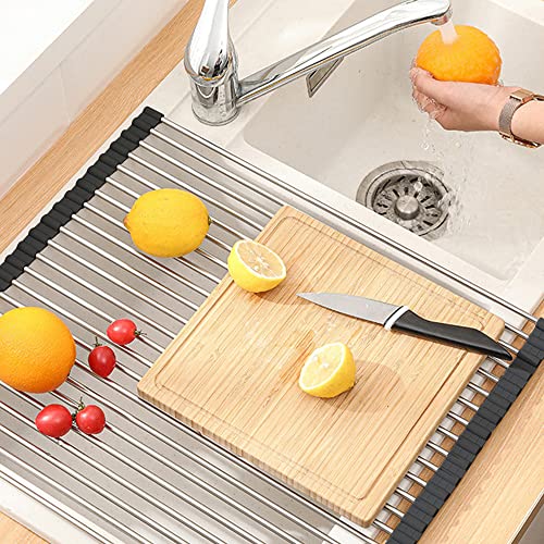 MGahyi Roll Up Dish Drying Rack, Over The Sink Drying Rack, Multipurpose 304 Stainless Steel Silicone Wrapped Steel Roll-Up , Folding Dish Rack for Kitchen Sink (Black, 17.3" x 10.2")