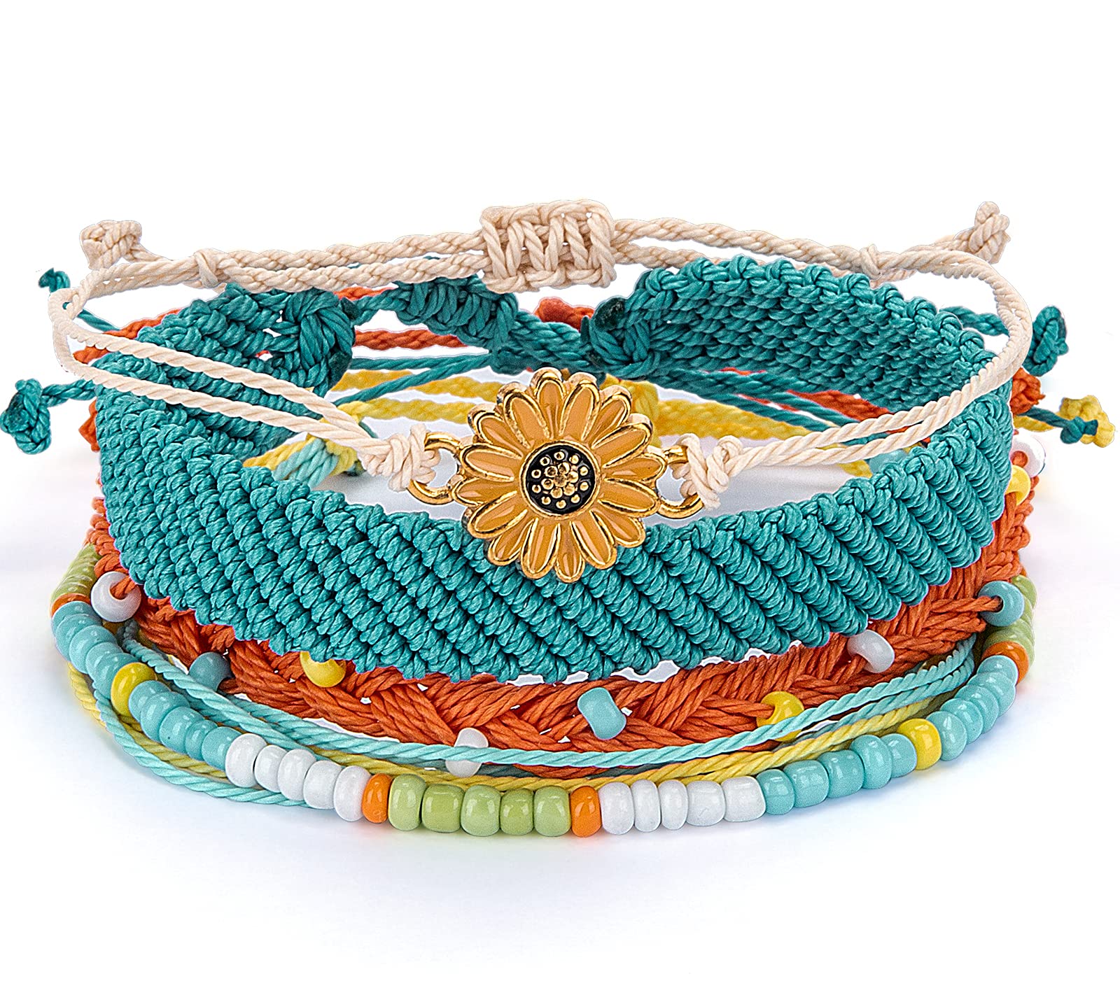 Braided Sunflower Boho String Woven Strand Bracelets Set for Women Adjustable Wrap Rope Charm Wave Jewelry Friendship Waterproof Gift Sunflower