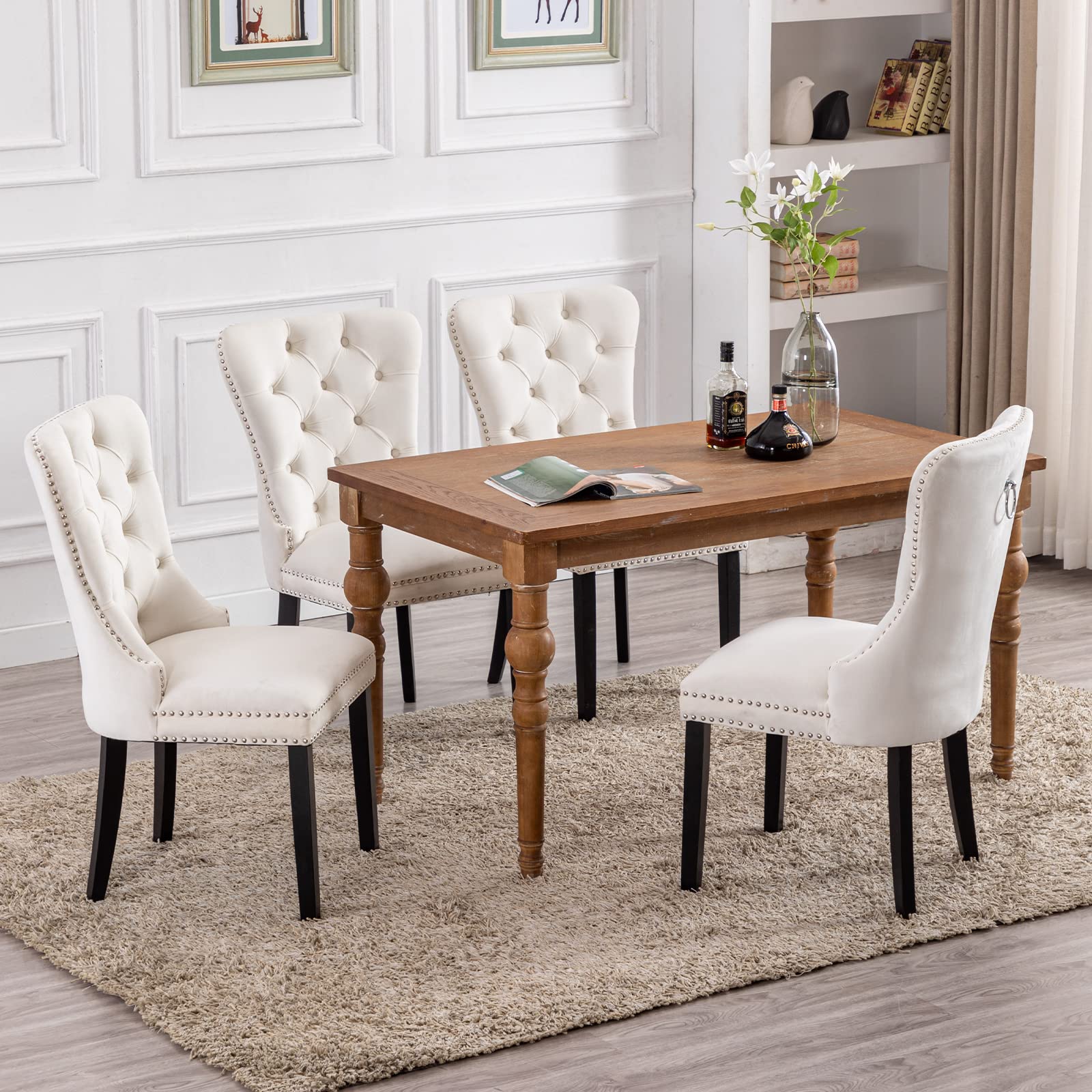 chairus Dining Chairs Set of 4 with Tufted High Back, Velvet Upholstered Dining Room Chairs Modern Elegant Nailhead Trim Ring Pull - Gray 4PCS
