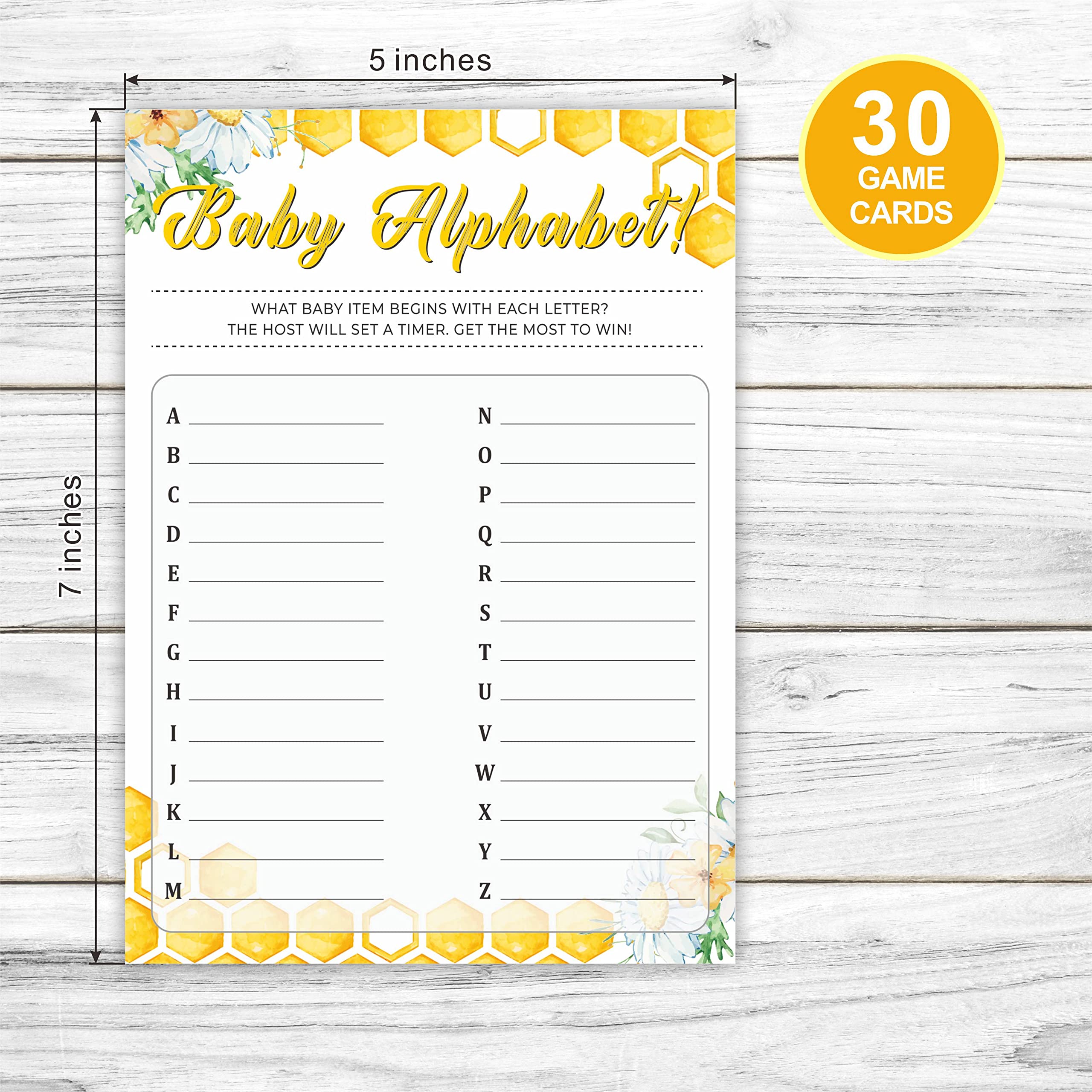 DYIRBIIY Honey Bee Themed Baby Shower Game Cards, Baby Alphabet Double Sided - 30 in Pack (5 X 7 inches)-(BABYYX-003)