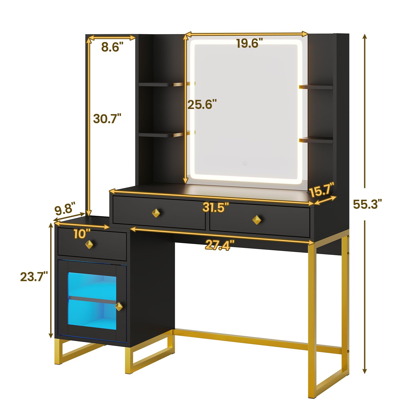 HAUOMS Makeup Vanity with Jewelry Cabinet & LED Lighted Mirror, Modern Vanity Desk with Charging Station, Double Mirror Vanity Table Set, White & Gold