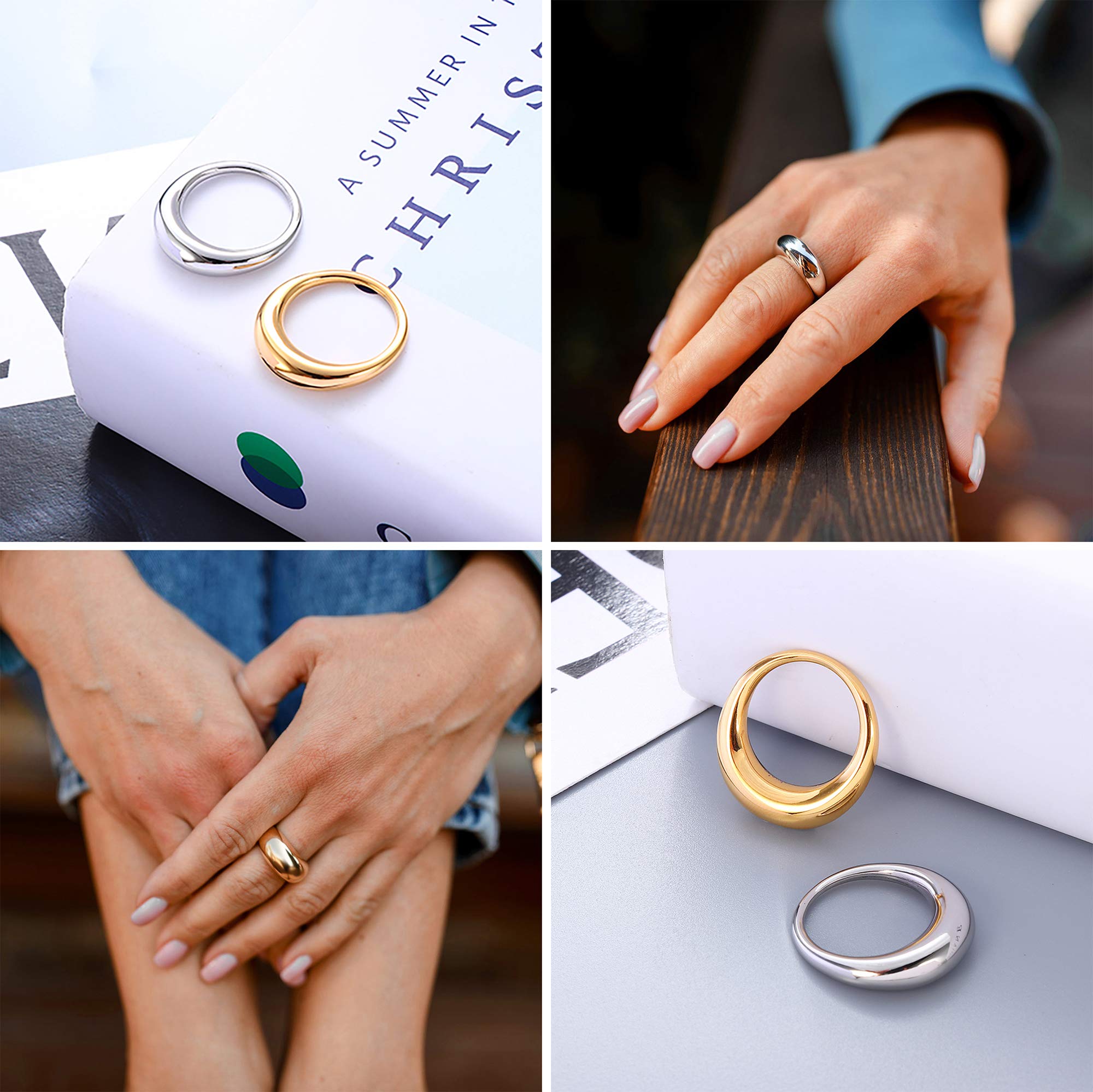 CASSIECA 2 Pcs 18K Gold Silver Plated Thick Chunky Dome Rings Statement Rings Set for Women (5-9 Size)