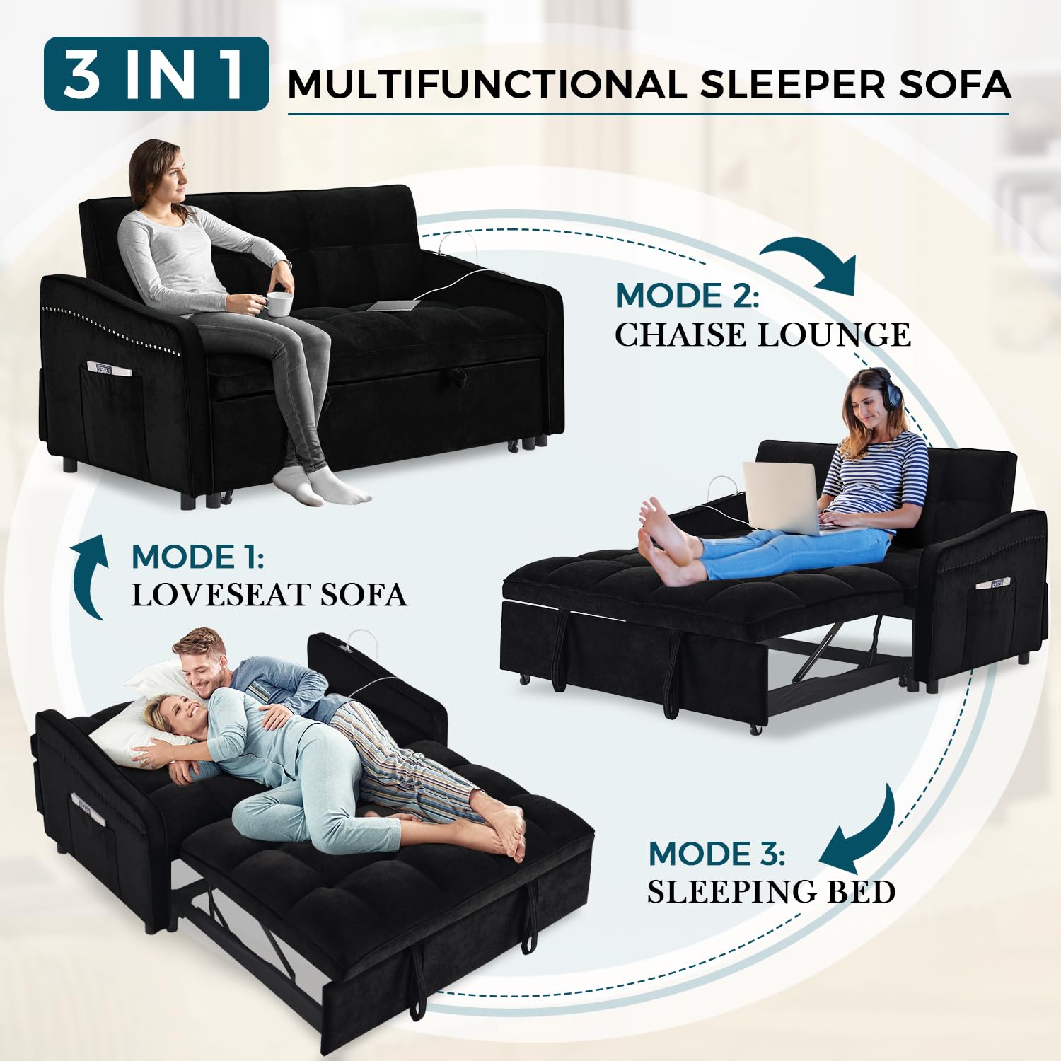 GEEVIVO Futon Sofa Bed with USB Charging Port, Modern 52.8-inch Small Tufted Velvet 3-in-1 Convertible Sleeper Sofa with Pull Out Bed for Small Space, Living Room, Apartment, Bedroom, Grey