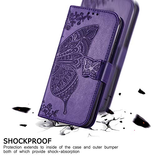 PU Leather Wallet Flip Protective Phone Case with Wrist Strap Card Slots Holder Pocket Emboss Butterfly Flower Stand Case for Samsung Galaxy A32 5G Purple
