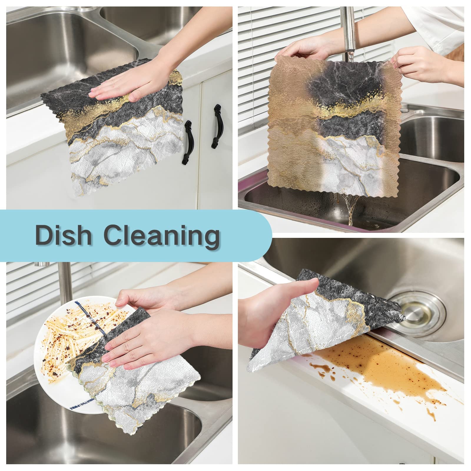 Dish Cloths Dish Towels Kitchen Towels 6 Pack Sets Absorbent Gold Black Marble Soft Decorative Reusable Nonstick Oil Washable