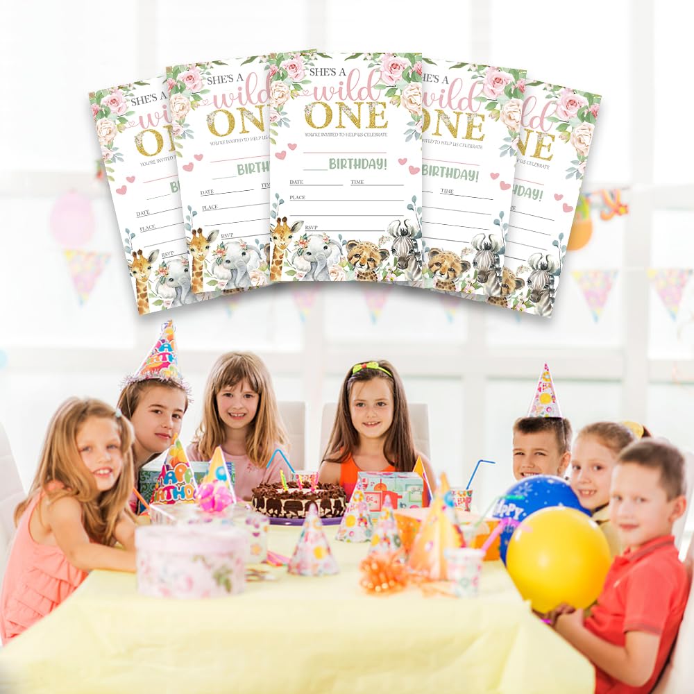 FujLoy Wild One Birthday party Invitations, Wild One Invitations, Jungle Theme, Animals Birthday Party Invites.(060)