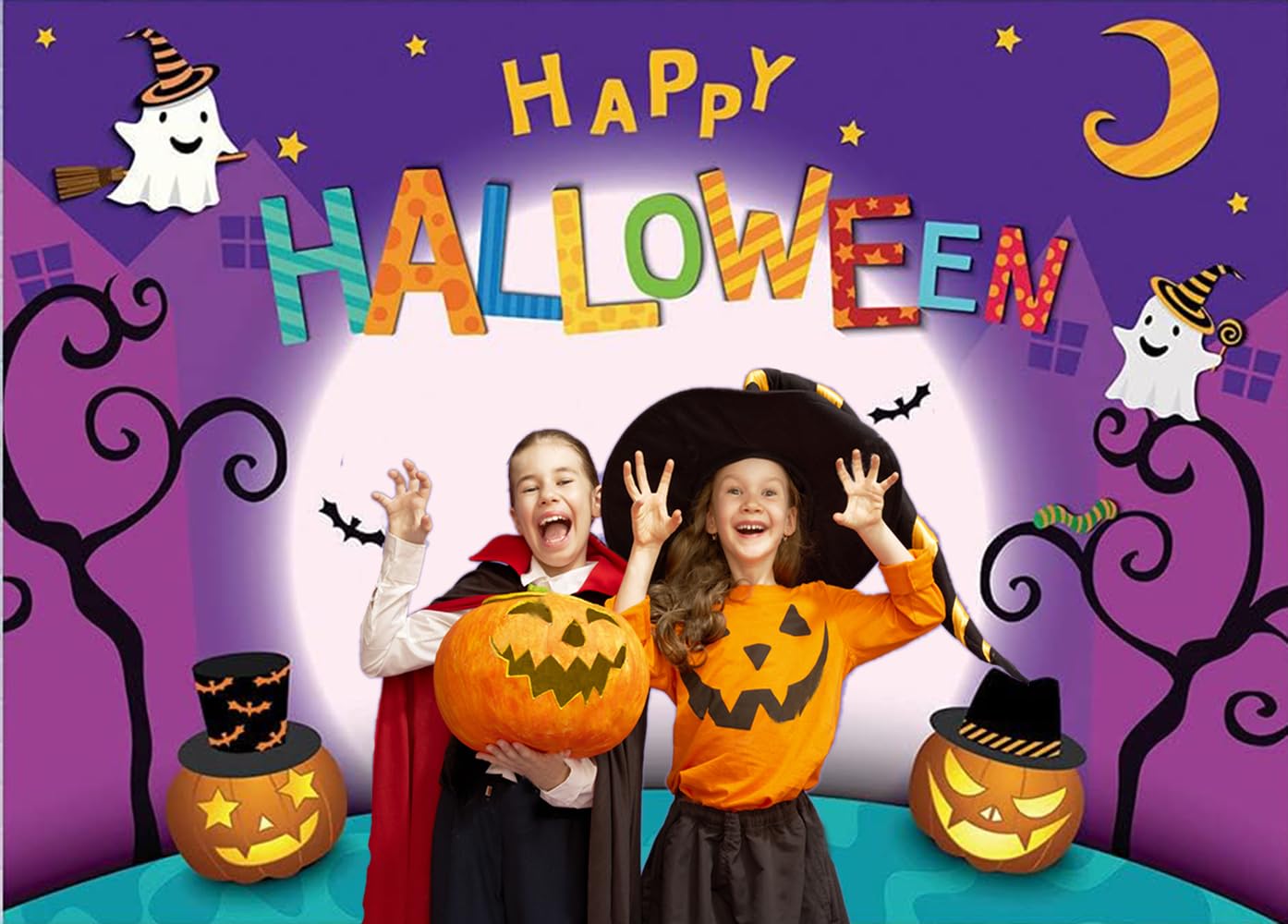 CHAIYA 7x5ft Halloween Backdrop Cartoon Halloween Photo Backdrop Pumpkin Moon Photography Backdrops Happy Halloween Party Decorations Cake Table Banner CY-137