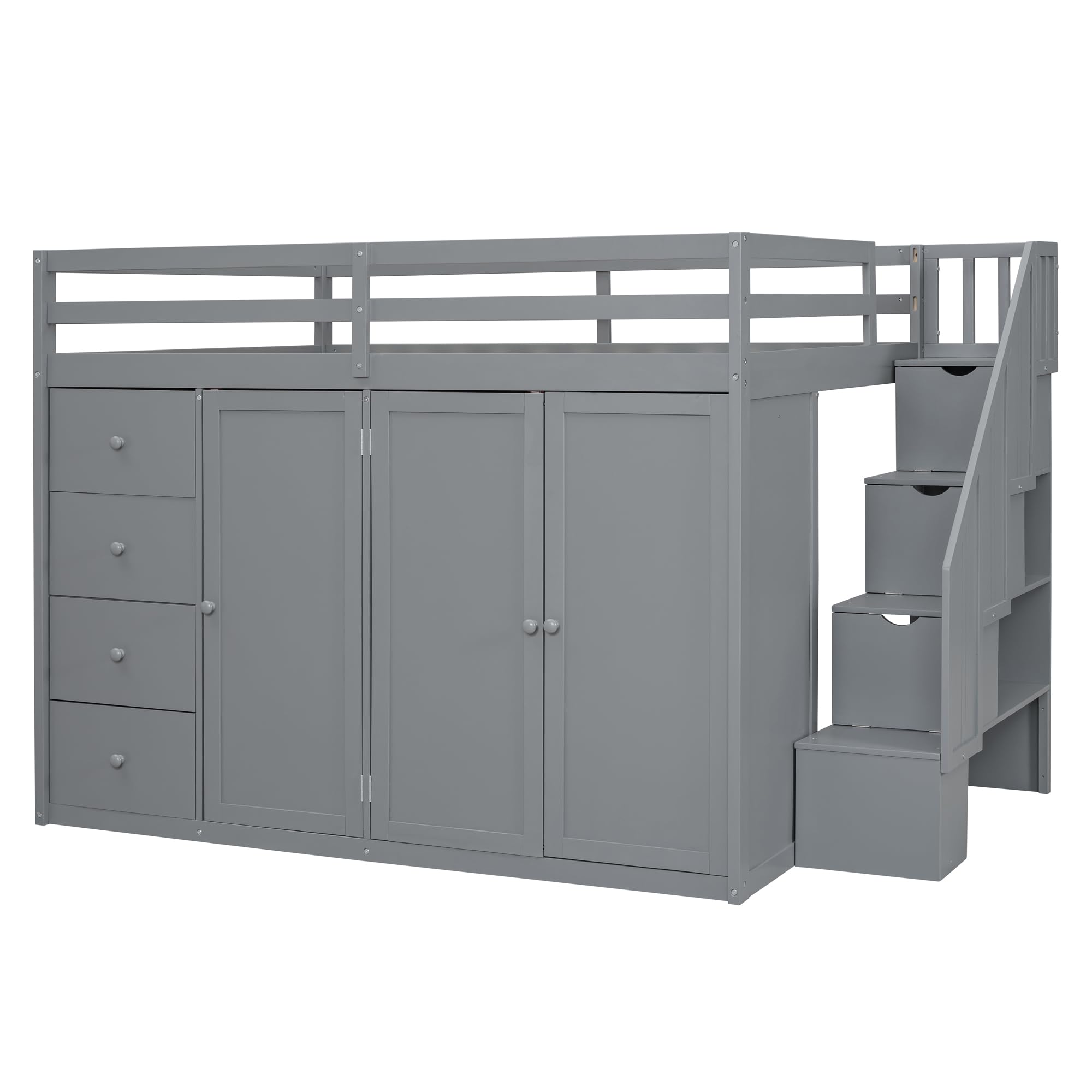 Harper & Bright Designs Full Size Loft Bed with Stairs, Wood Loft Bed with 2 Wardrobes, Full Loft Bed with Storage Drawers and Cabinet, High Loft Bed Frame for Kids Teens Adults, Grey