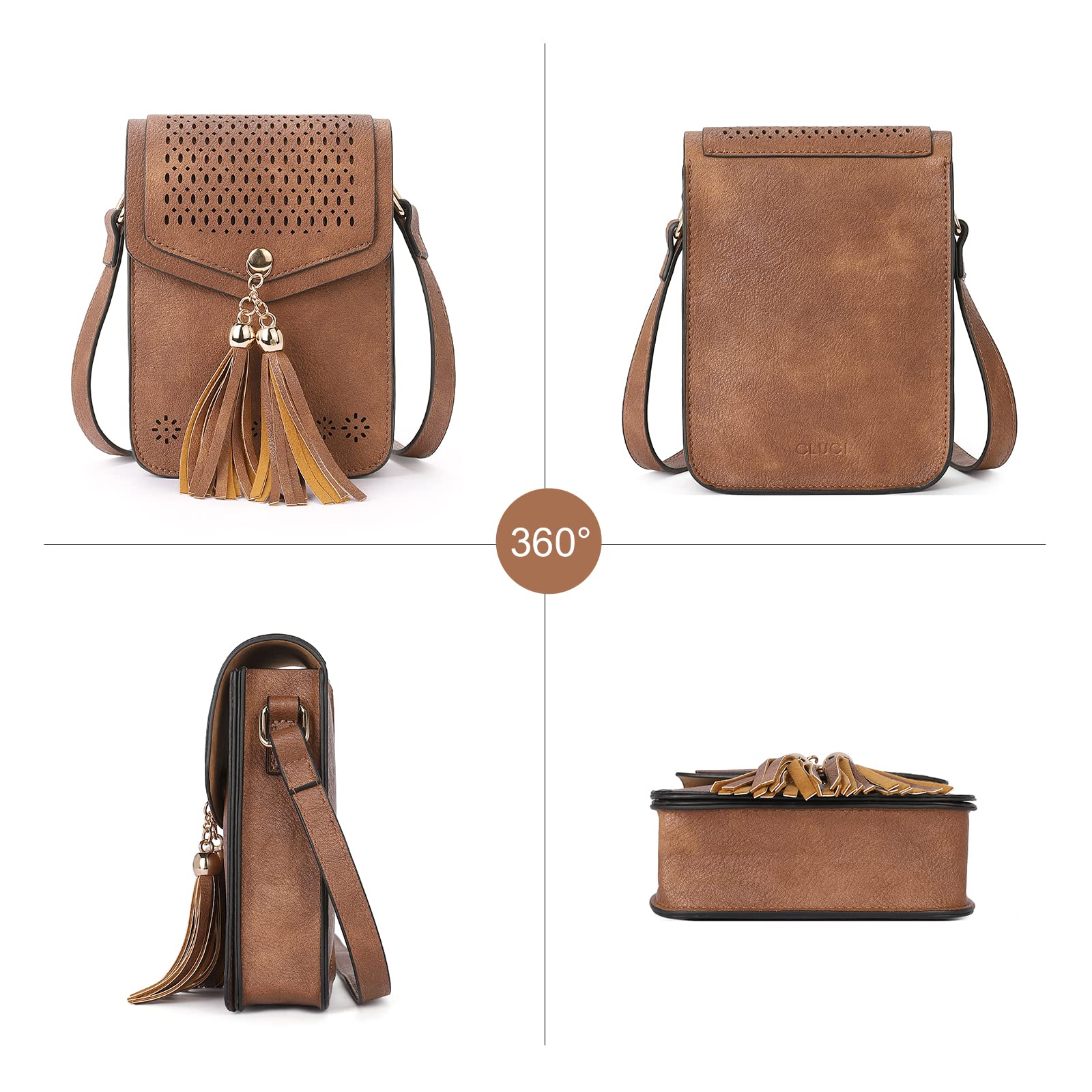 CLUCI Small Crossbody Bags for Women, Shoulder Bag with Tassel, Cell Phone Wallet Purse Brown