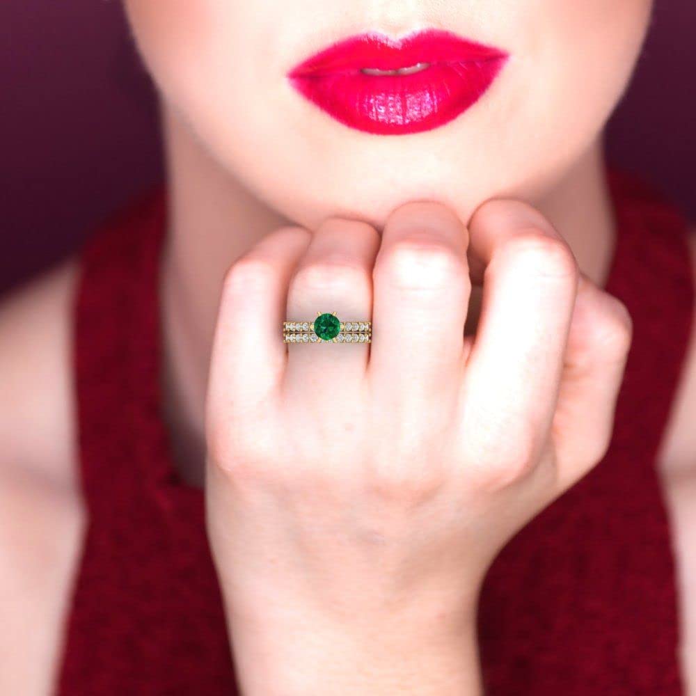 Clara Pucci 3.1 ct Round Cut Solitaire Genuine Simulated Emerald Designer Art Deco Statement Wedding Ring Band Set 18K Yellow Gold 6.5