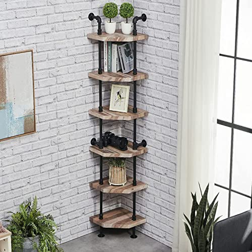 HOMBAZAAR Industrial Corner Bookshelf 6-Tier Modern Ladder Shelf, Vintage Metal Pipes and Wood Shelves, Rustic Display Bookshelf for Storage Collection