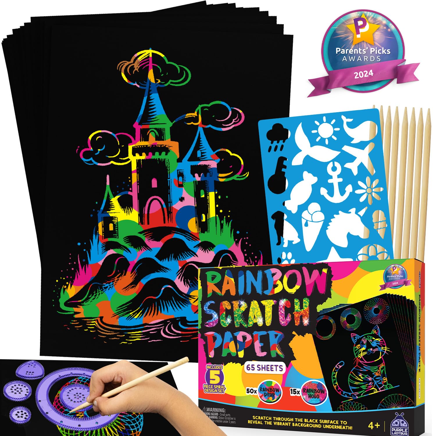 PURPLE LADYBUG 20 Pages Big Rainbow Scratch Paper Notepad for Kids - Ideal 4 5 6 7 8 9 10 11 12 Year Old Gift for Girls & Boys, Airplane Car Travel Activities for Kids Ages 4-8 & Up