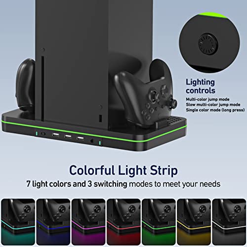 Cooling Fan for Xbox Series X/S with RGB Light Strip, Dual Controller Charging System for Xbox with 2 X 1100mAh Battery, HUIJUTCHEN 3 Usb Ports Vertical Cooling Stand for Xbox Series X/S Accessories