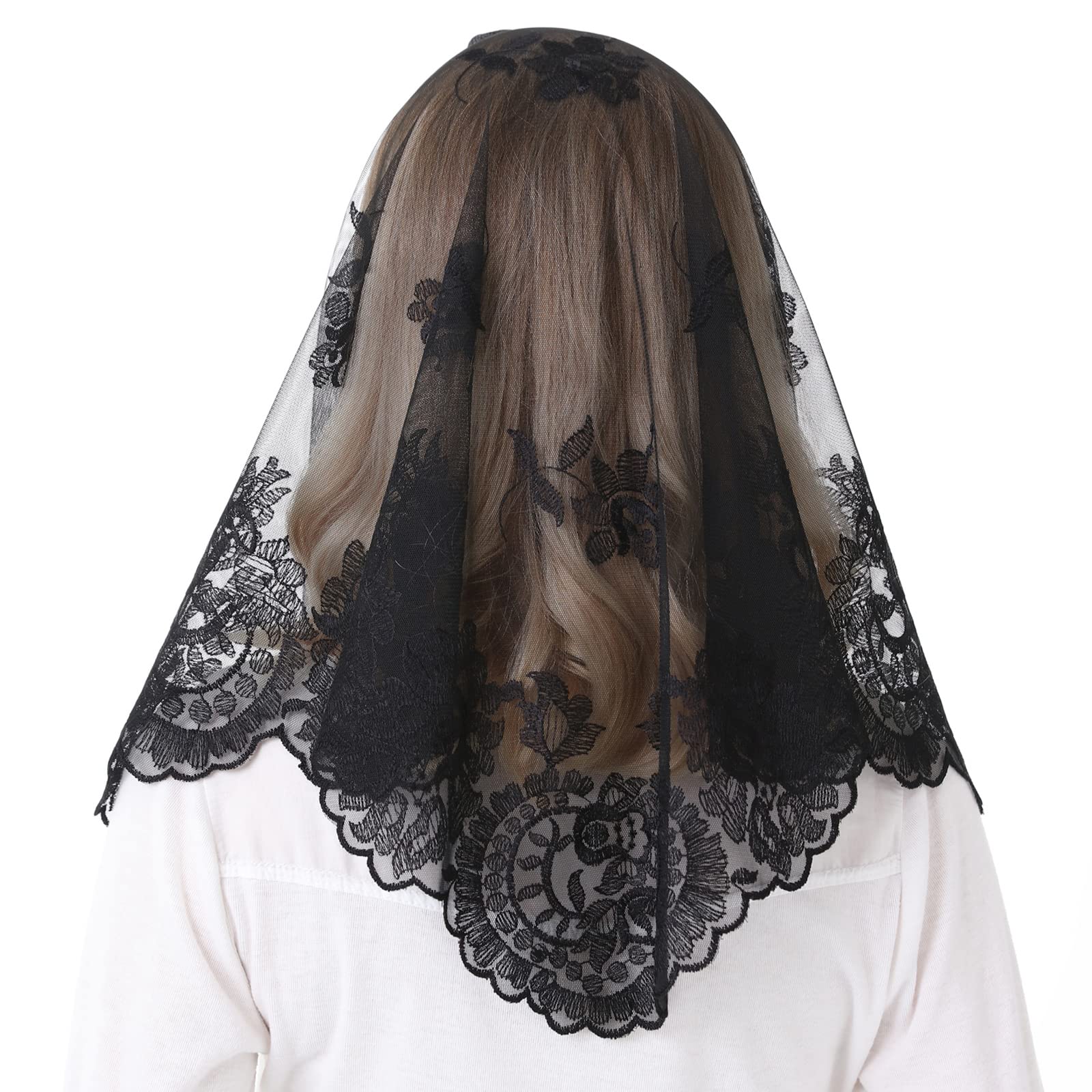 Spanish Mantilla Traditional Church Mass Head Covering Chaple Lace Veil Catholic Mass First Coummunion Bridal Latin Mass Veil (Black)