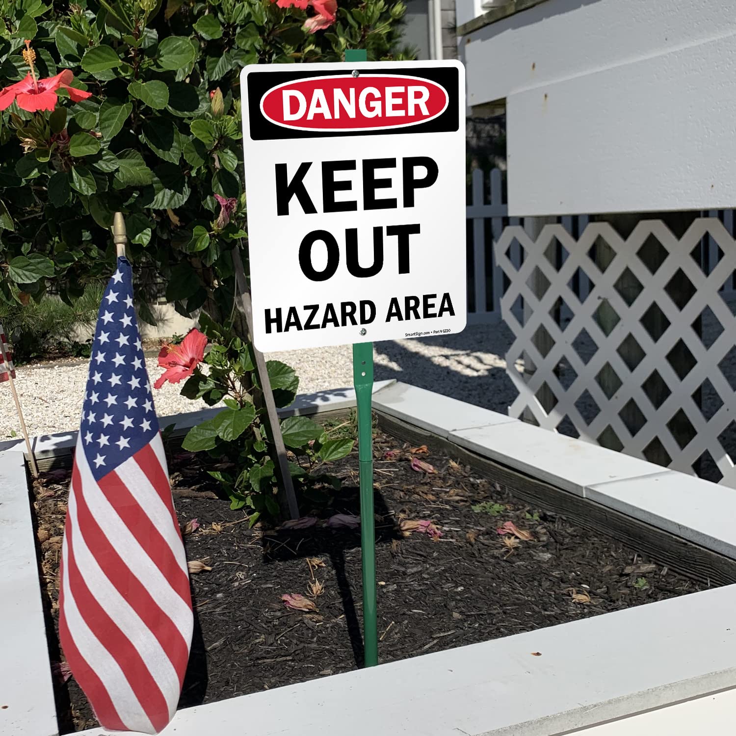 SmartSign 12 x 10 inch “Danger - Keep Out, Hazard Area” LawnBoss Yard Sign with 3 foot Stake, 40 mil Laminated Rustproof Aluminum, Red, Black and White, Set of 1, Made in USA