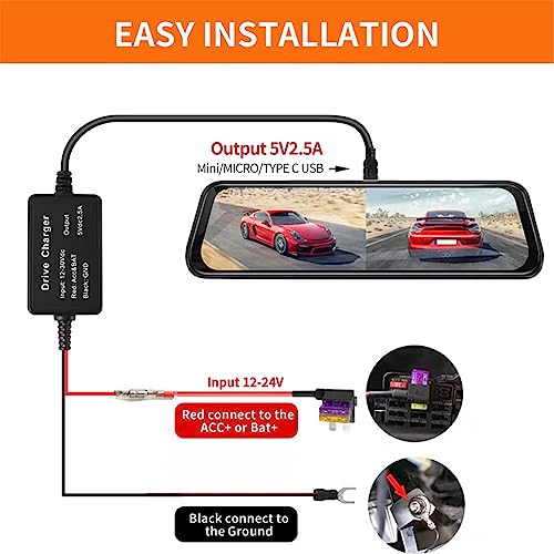 Car Dash Camera Power Cord, Convenient Operation Durable Wide Applicability Dash Cam Hardwire Kit Safe To Use For Mirror Cam(MICRO)