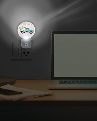 Happy Easter Truck Bunny Night Lights Plug into Wall, Pink Green Buffalo Blue Auto Round LED Lights with Dusk to Dawn Sensor for Bedroom, Bathroom, Hallway, Kitchen, Kids, Home Decor