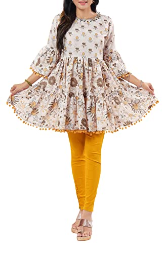 IshDeena Indian Anarkali Kurtis for Women - Kurta, Boho, Tunic Tops - Frock and Peplum Style Rayon Printed M to Plus Size (Cream - b23id5/Medium)