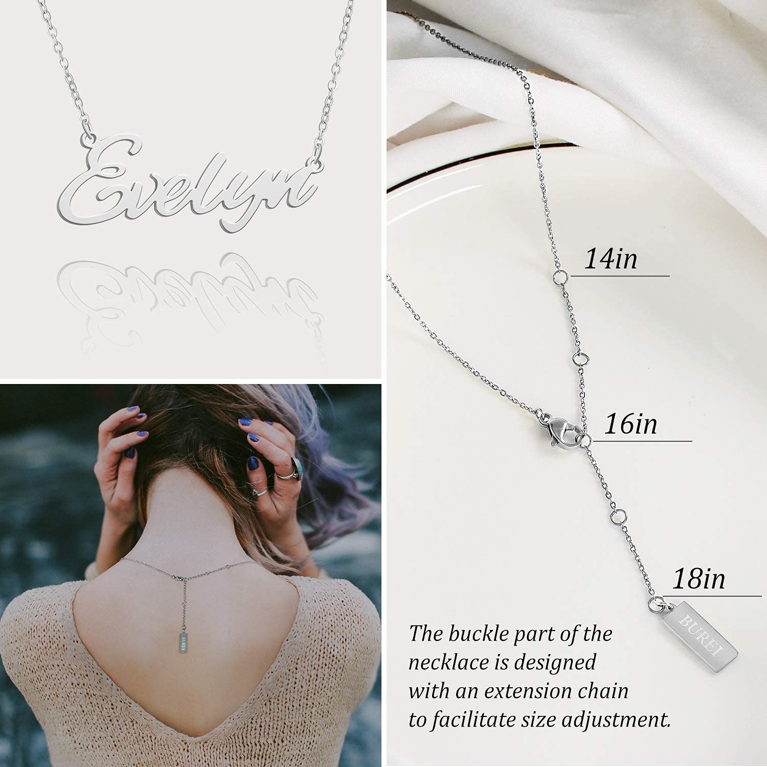 BUREI Name Necklace Personalized Gold Plated friendship Jewelry Women Gift for Her (Evelyn-silver pendant)