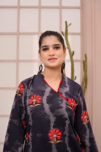 IshDeena Indian Pakistani Short Kurti Tunic Tops - Printed Khaddar Fabric for Women - Office & Casual Wear, Designer, M-3XL (Medium/Black)