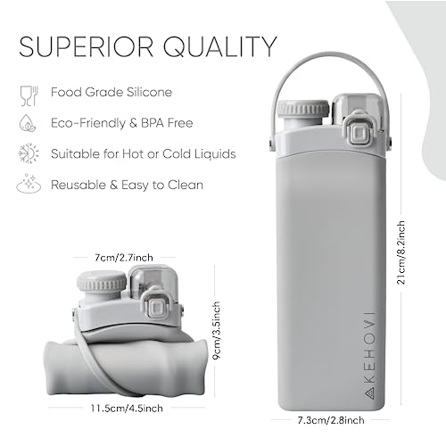 KEHOVI Collapsible Silicone Water Bottle - Reusable Foldable Bottle- Portable Bottle - Essential for Sports Gym Camping Hiking β Travel Must Have - Leak Proof - BPA Free - 20.5 oz (Platinum Gray)
