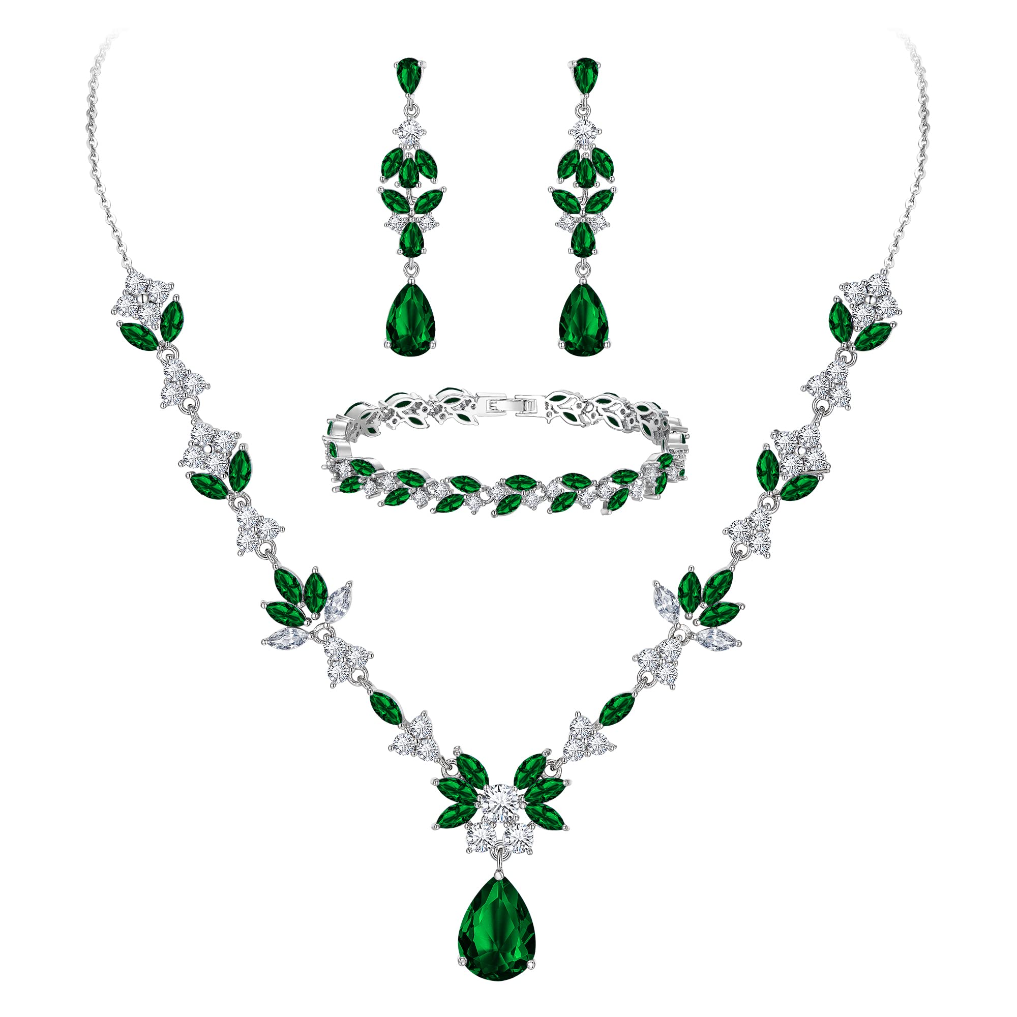 BriLove Wedding Jewelry Set for Women, Y-Necklace Tennis Bracelet Dangle Earrings Set with AAA Cubic Zirconia Teardrop Set for Bridal Bridesmaid Emerald Color