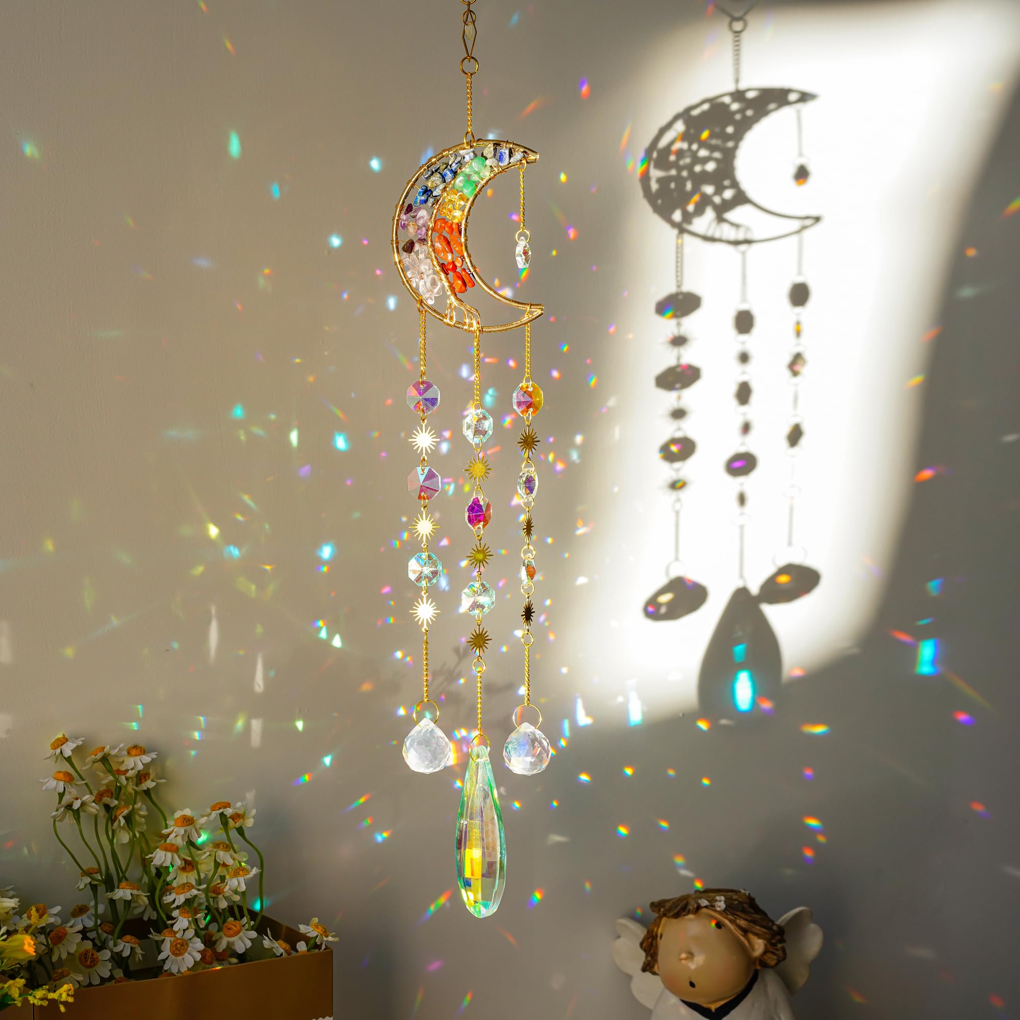 Chakra Tree of Life Crystal Suncatcher for Windows,Rainbow Maker Half Moon Sun Catcher with Crystal Prisms Hanging Crystals for Garden Home Decoration