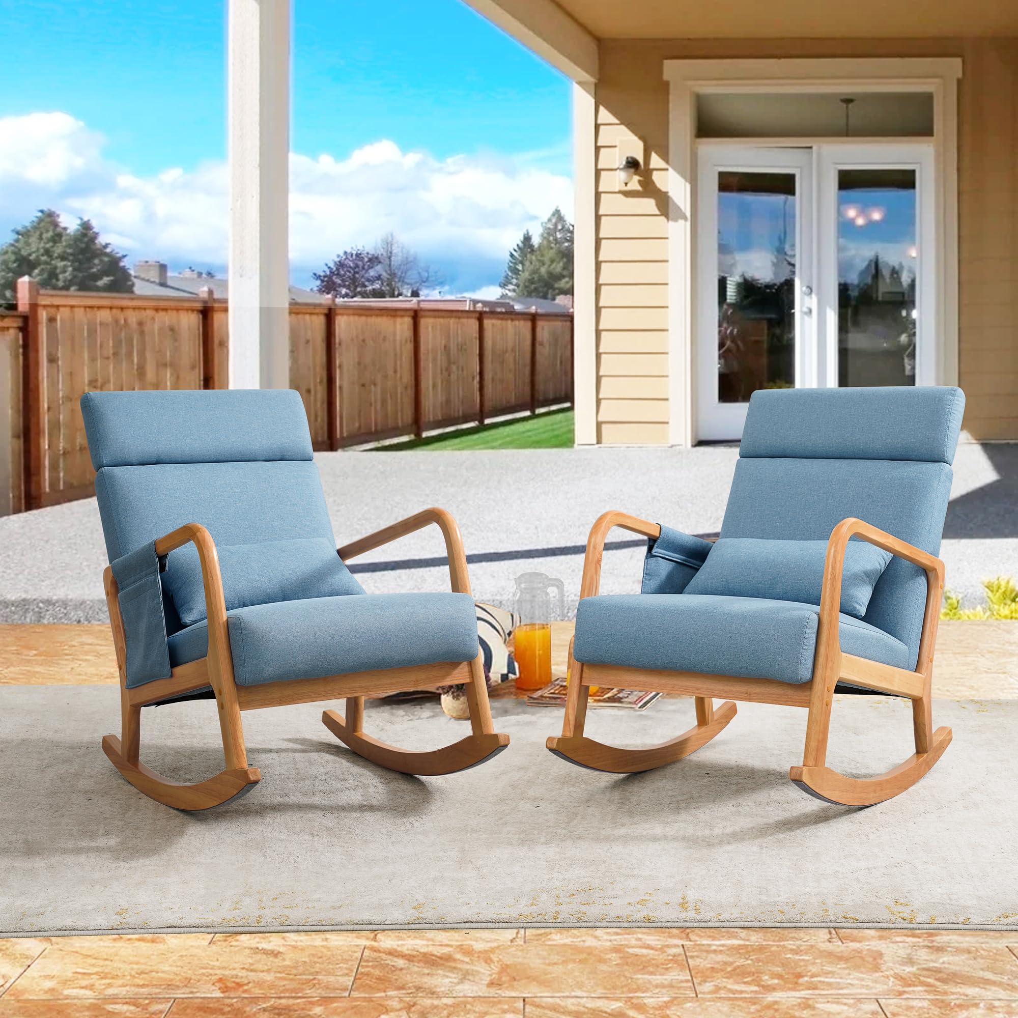 COOSLEEP Rocking Chair, Upholstered Glider Rocker with Adjustable Backrest, Solid Wood 350Lbs Support Rocking Chairs for Bedroom, Living Room (Blue)