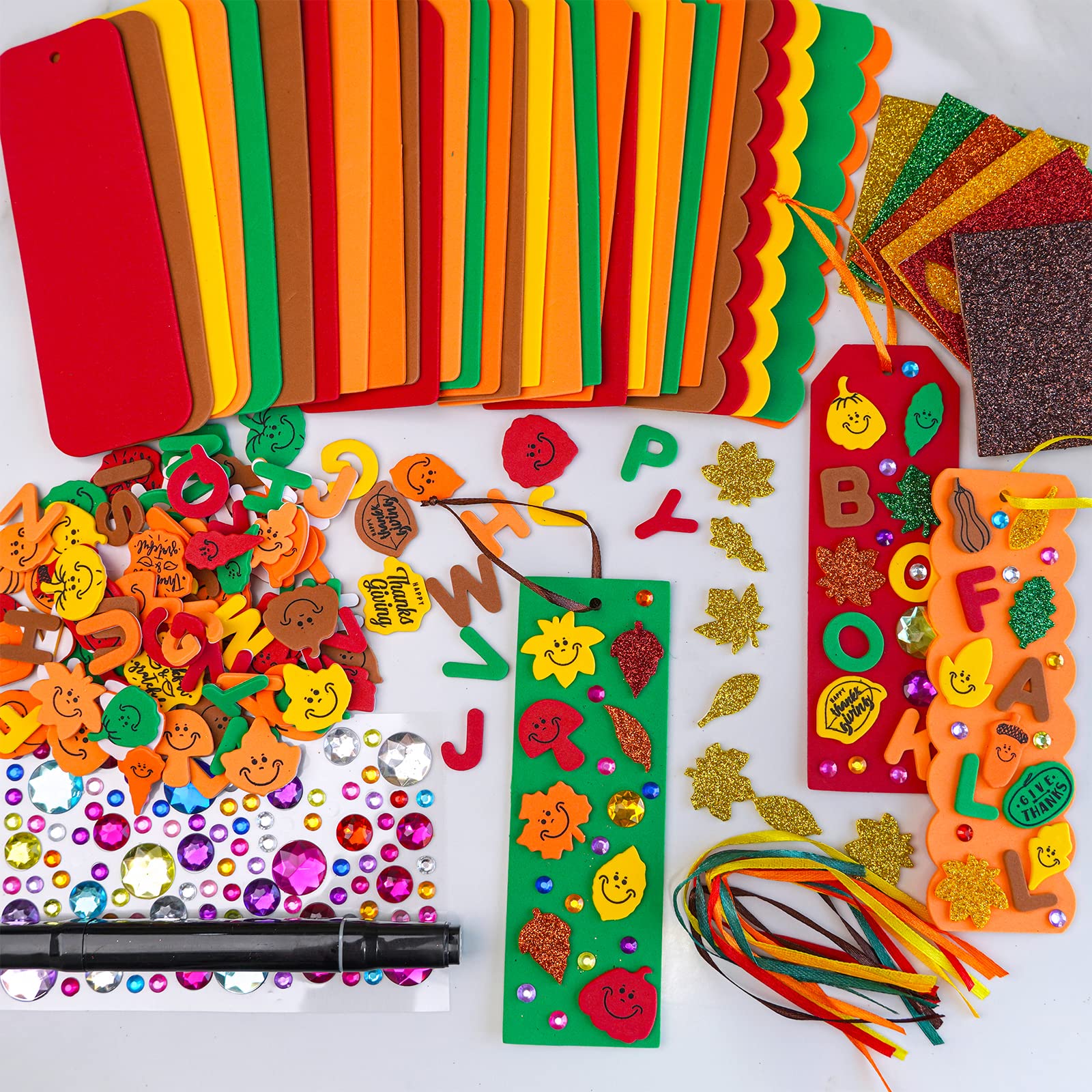 Winlyn 36 Sets Fall Craft Kits Fall Kids Crafts DIY Fall Bookmarks Decorations Art Sets Smiling Autumn Leaf Pumpkin Foam Stickers Arts and Crafts for Kids Thanksgiving Halloween Classroom Activities