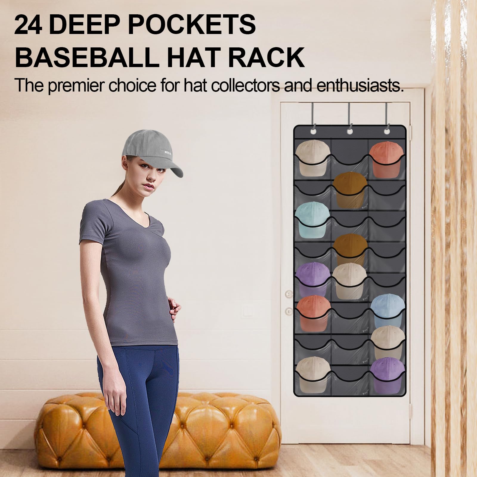 InterMaka Hat Rack for Door - 24 Clear Deep Pocket Cap Racks for Baseball Caps, Premium Hat Storage with 3 Sturdy Hooks, Versatile Hat Holder & Ball Hat Organizer for Optimal Display Grey