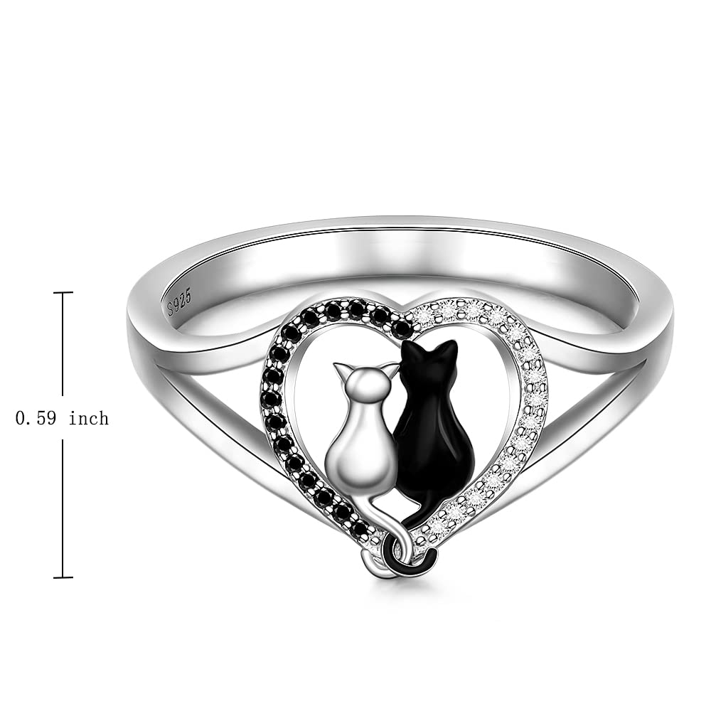 Cat Ring Cat Rings for Women Black Cats Ring Remembrance White Black Cats Couple Sterling Silver Animal Lovers Jewelry Size 8