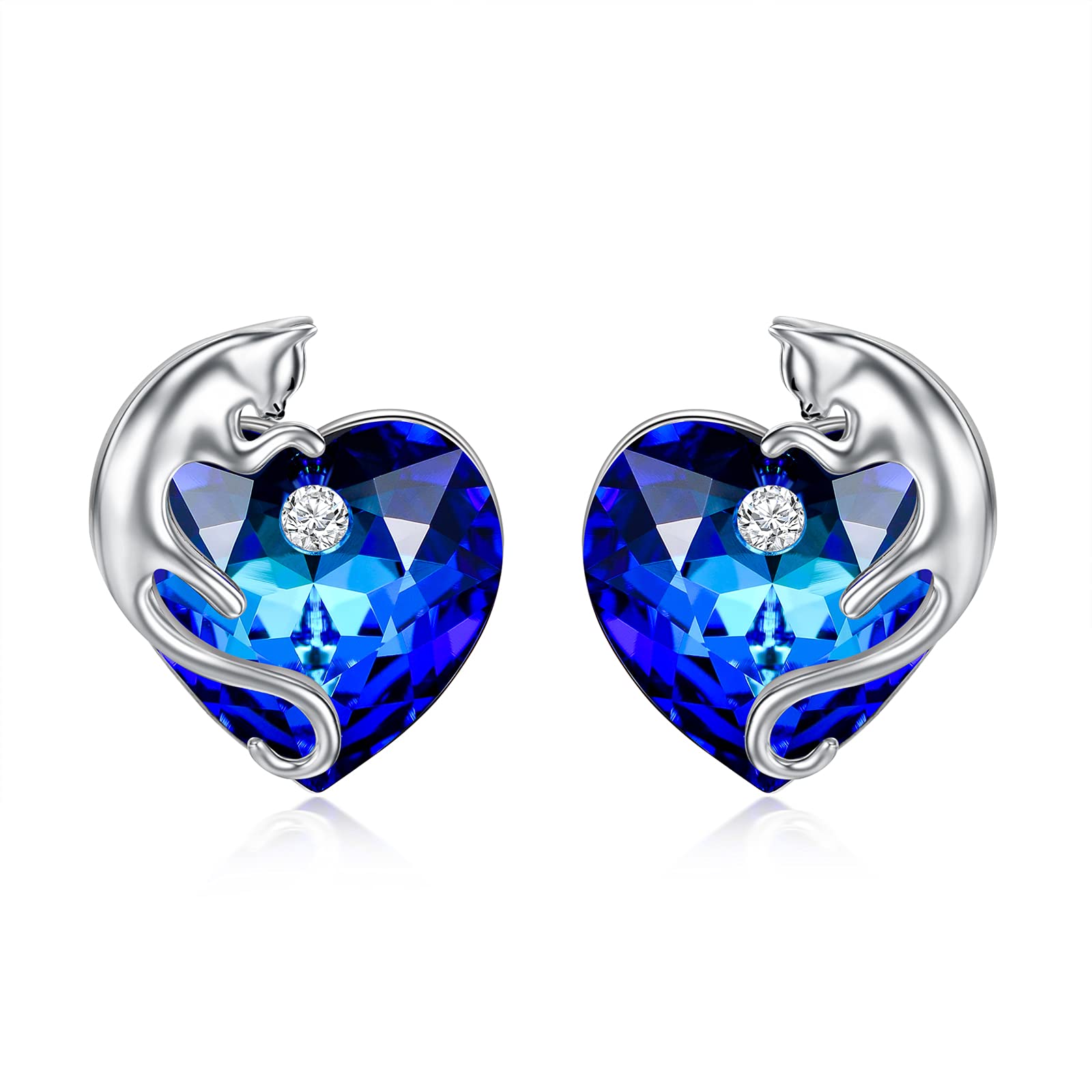 Cat Earrings Sterling Silver Cute Cat Studs Earrings with Ocean Blue Heart Crystals from Austria, Cat Jewelry Gifts for Women Cat Lover