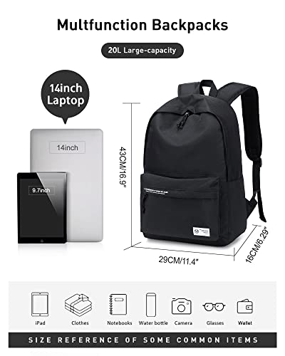 CAMILLEMMA Black Simple Cute Backpack for Teen Girls Boys, Casual Daypack High School Bookbag for Women Men, Lightweight Travel Laptop Back Pack Classic Basic College Backpack