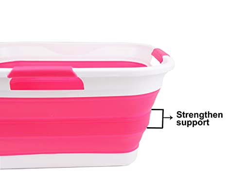 SAMMART 30L(8 gallon) Collapsible Plastic Laundry Basket - Foldable Pop Up Storage Container/Organizer - Space Saving Hamper/Basket - Water Capacity 24L(6.3 gallon) (White/Rose Pink)