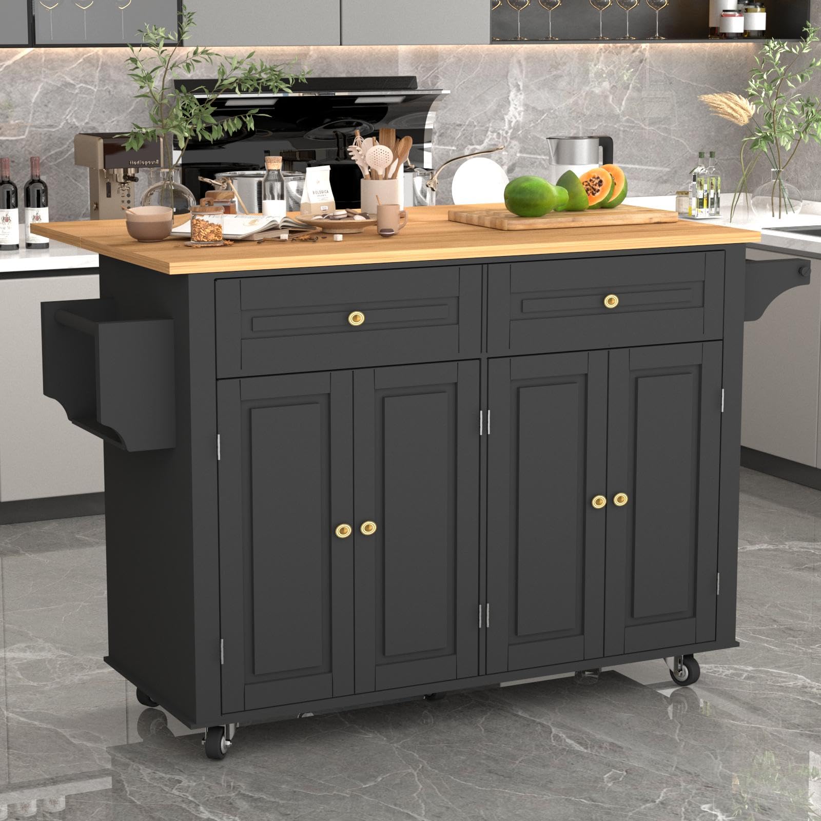 Bvldfamly Kitchen Island with Drop Leaf – Movable Kitchen Carts on Wheels Island with Storage Cabinet and Drawer, Island Table for Kitchen with Spice/Towel Rack, Black