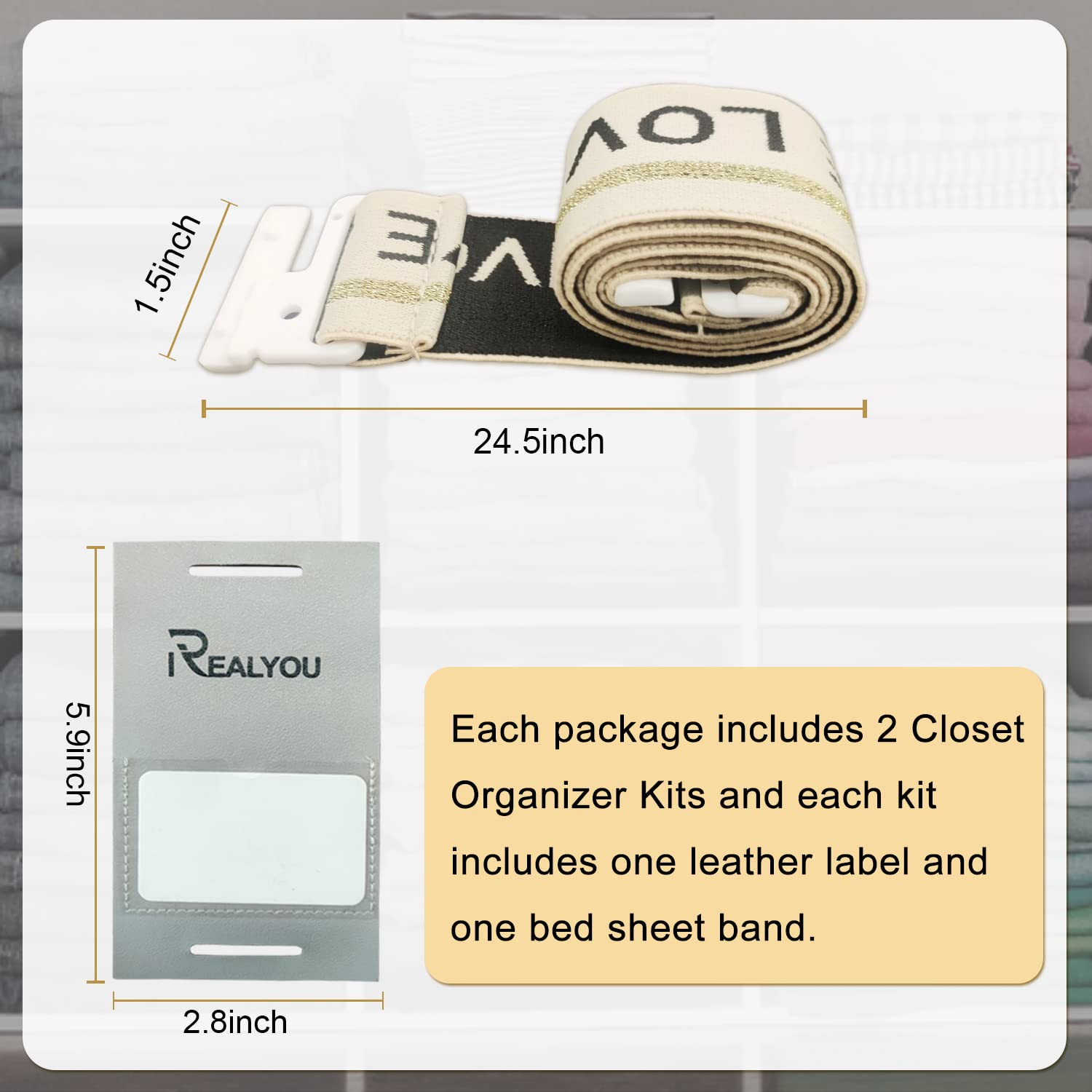 SMILIE Bed Sheet Organizer, Closet Storage Band Organizer, Elastic Bands for Tidying Bed Sheet, Closet Organizer Band with Jacquard & a Label, Each Order Contains 2 Bands, 23.62Lx1.57W