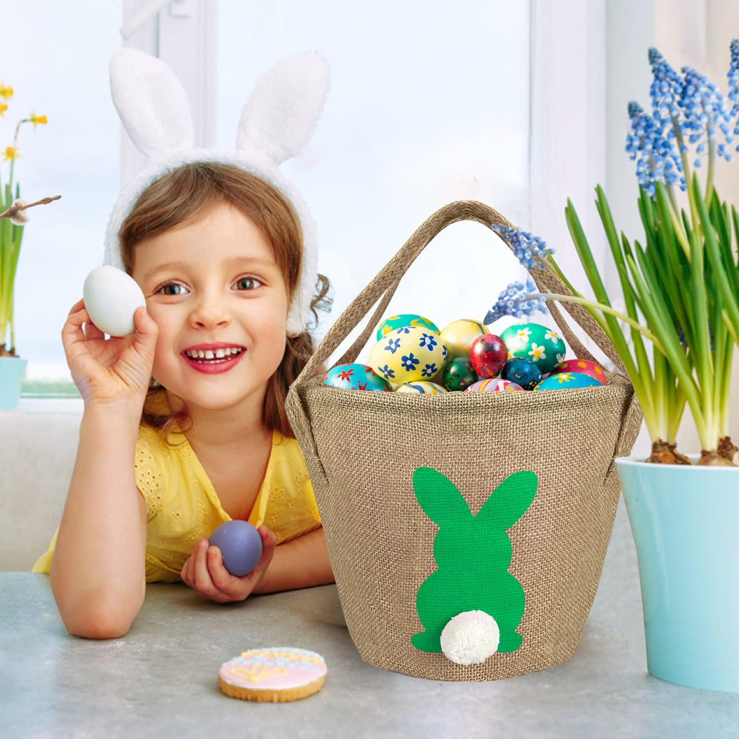 Leesgel Easter Baskets for Kids, Bunny Basket Easter Egg Hunt Baskets, Rabbit Buckets Large Easter Basket Gifts Bags for Boys Girls (Green)
