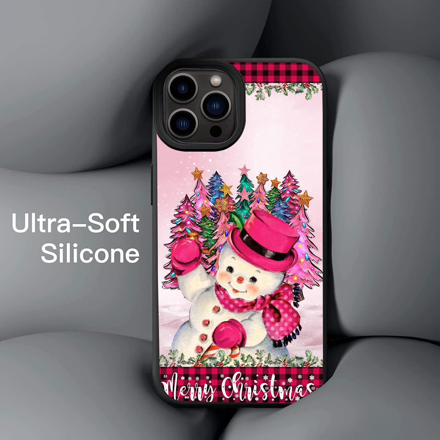 Christmas Pink Cute Snowman Merry Bright Pink Xmas Trees Phone Case Compatible with iPhone 15 14 13 12 11 Pro Max|Samsung Galaxy S23 S22 S21 S20 FE|A14 A54 A53 A03S A13|Note 20|Z Flip 3/4