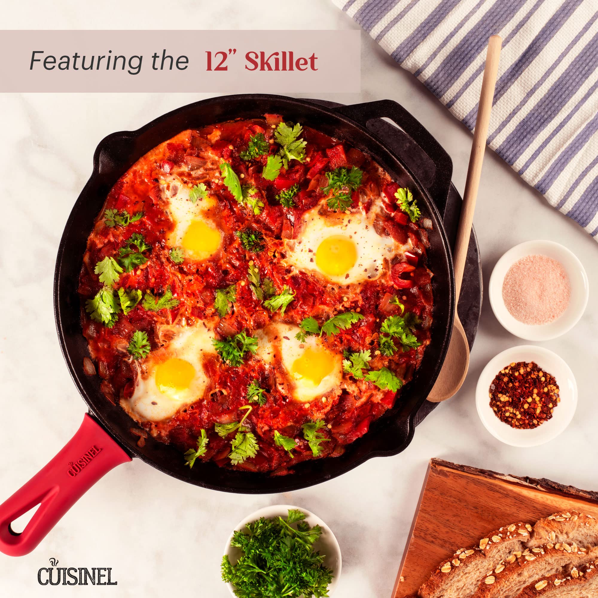 Cuisinel Cast Iron Skillets Set + Glass Lids - 8"+10"+12" Frying Pans + Pan Rack Organizer + Scraper + Silicone Grip Handle Holders - Pre-Seasoned Oven Kitchen Cookware Kit - Grill, Fire, Stovetop Use