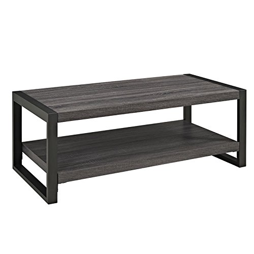 Walker Edison Industrial Modern Rectangle Metal Base and Wood Coffee Table Living Room Accent Ottoman, 48 Inch, Charcoal
